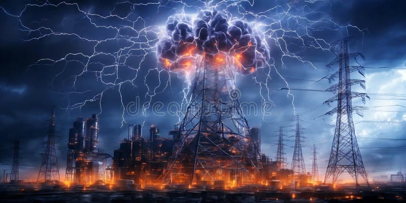 Apocalyptic Brainstorm: Towering Flames and Electrical Fury Stock ...