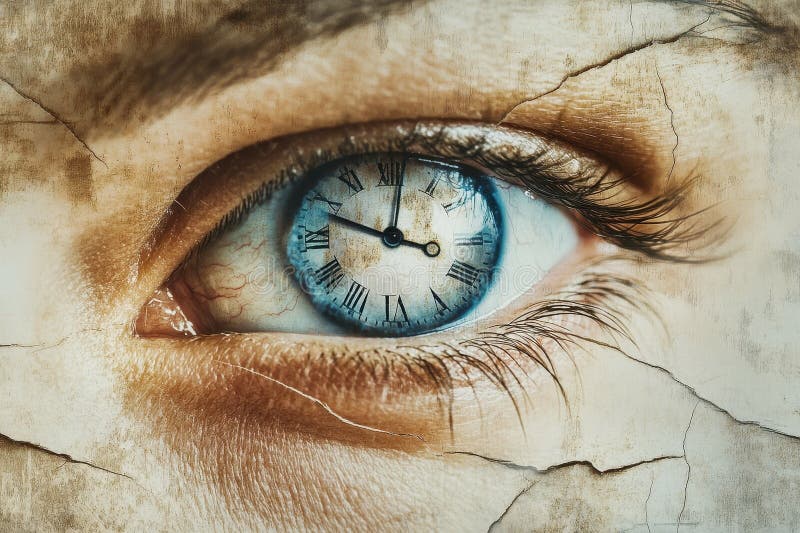 Close-Up of an Eye with a Clock Embedded Reflecting Time and Deep ...