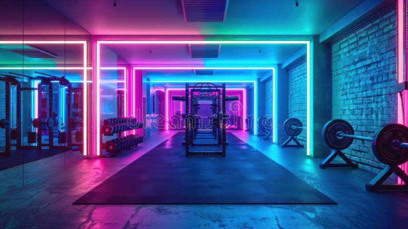 Neon-Lit Strength Training: Professional Gym Setup with Squat Rack and ...