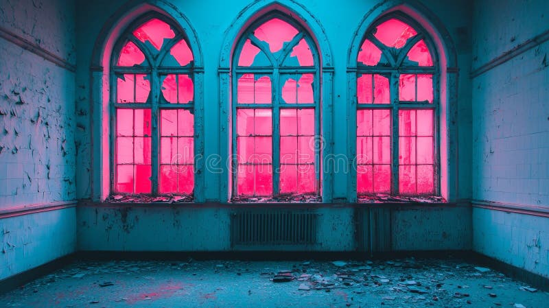 Abandoned Church Interior with Broken Windows at Night Stock ...