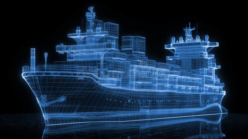Glowing Wireframe of a Massive Container Ship Transporter Stock Image ...