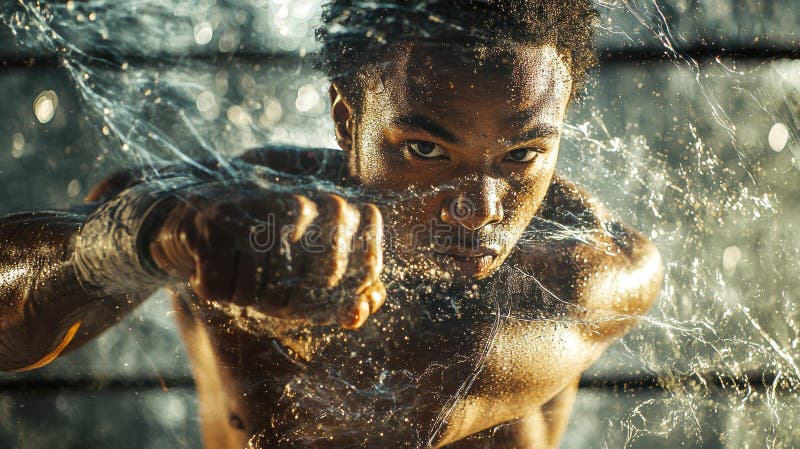 Dynamic Portrait of Determined Male Boxer Throwing a Powerful Punch ...