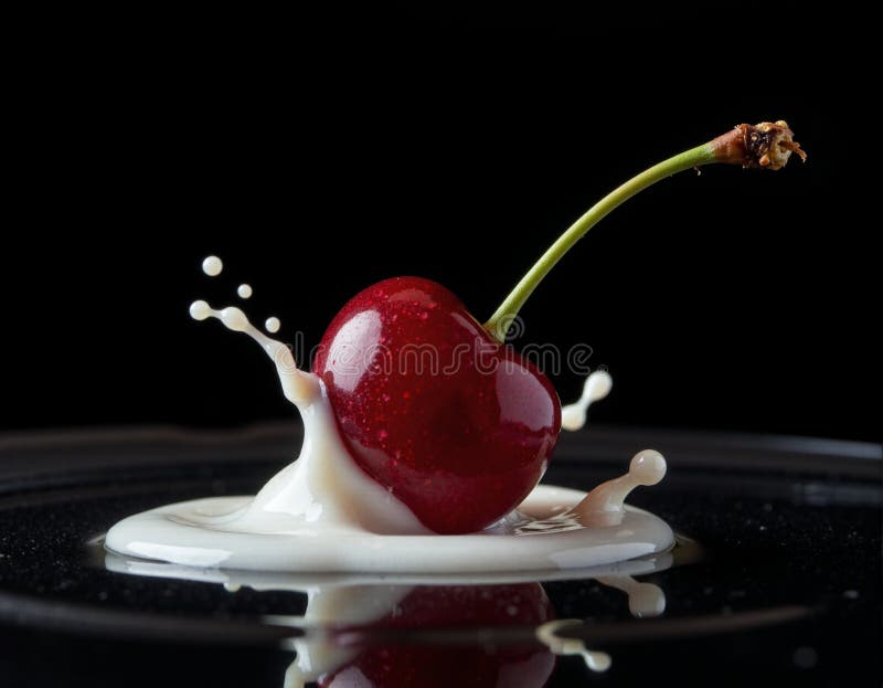 Cherry Splashing into Milk with Dramatic Effect Stock Illustration ...