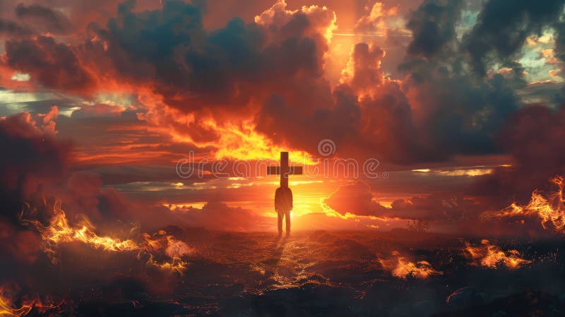 Devout Man Worshiping in Front of Cross Against Dramatic Cloudy Sky ...