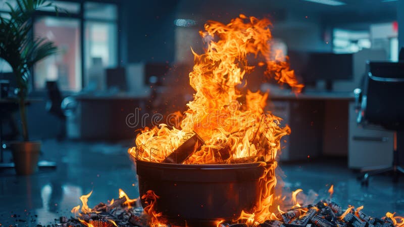 Office Fire Hazard: Burning Waste Bin Igniting Flames in Corner Stock ...