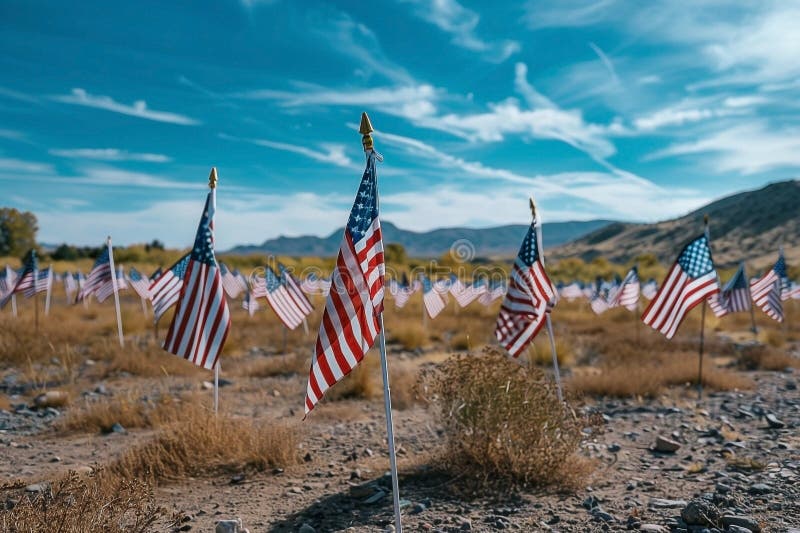 American Flags Lined Up Along Path at Sunset Stock Illustration ...