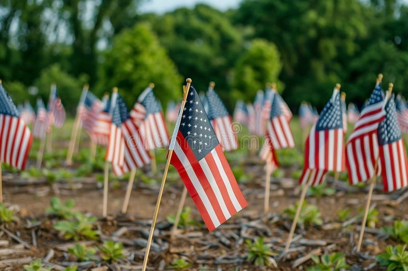 American Flags Lined Up Along Path at Sunset Stock Illustration ...