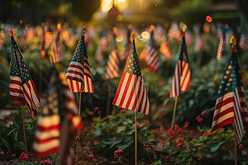 American Flags Lined Up Along Path at Sunset Stock Illustration ...