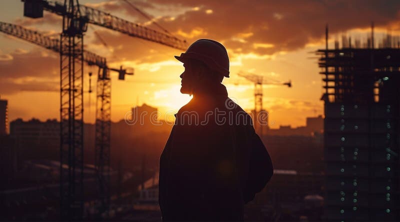 Engineer Silhouette at Construction Site during Sunset with Cranes and ...
