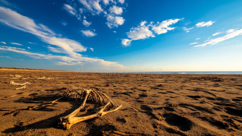 Animal Bones on Sandy Beach Under Clear Blue Sky Stock Illustration ...