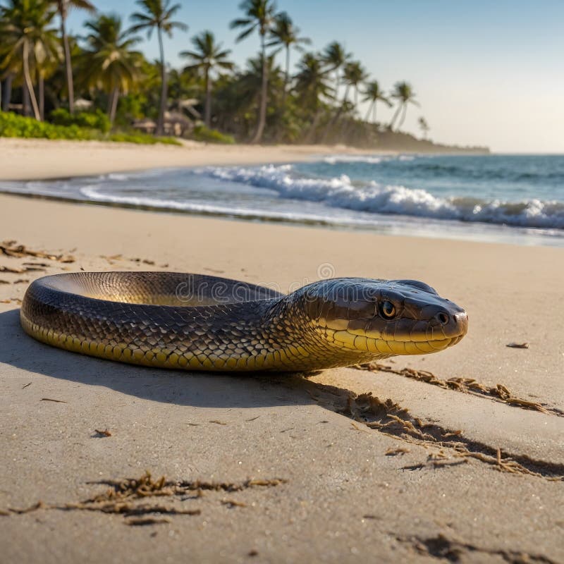 Taipan Snake Relaxing on a Beach with Palm Trees and Tranquil Waves ...