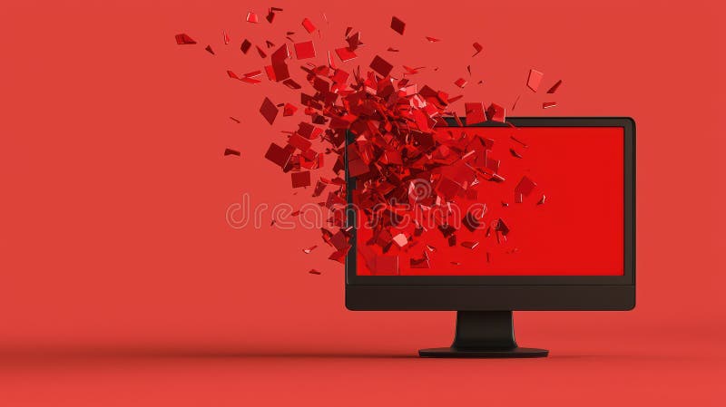 Computer Screen with Red Warning Signs and Data Stream Fragmenting in ...