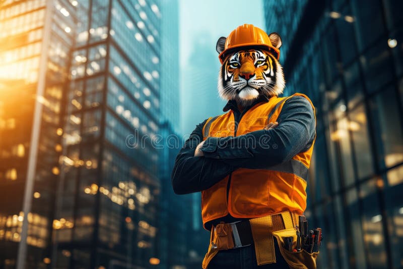 Unconventional Construction Worker with Tiger Head in Urban Setting at ...
