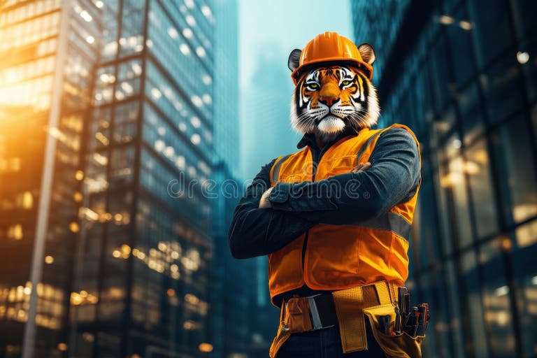 Unconventional Construction Worker with Tiger Head in Urban Setting at ...