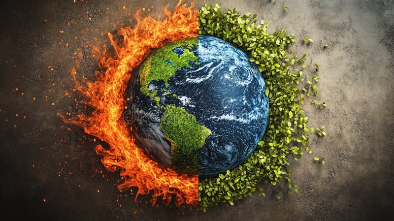 Climate Change Concept Earth Divided by Fire and Greenery Stock ...