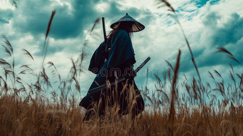 A Lone Figure Stands Amid Swaying Grass and Cloudy Skies. the Samurai ...