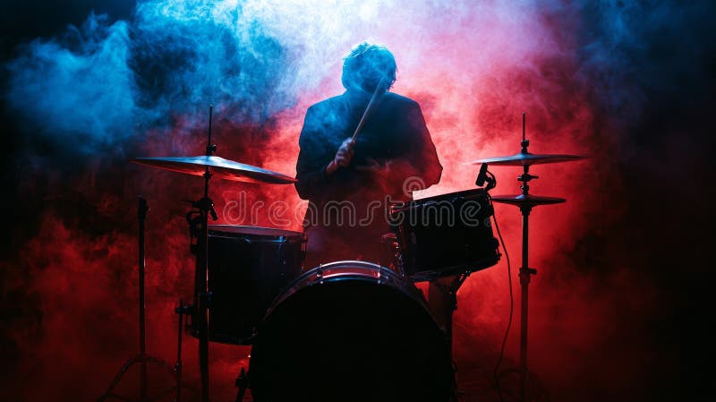 Drummer Performing Under Blue and Red Lighting with Smoke Effect Stock ...