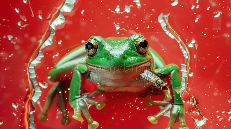 Green Tree Frog Catching Fly on Red Background with Torn Paper Effect ...