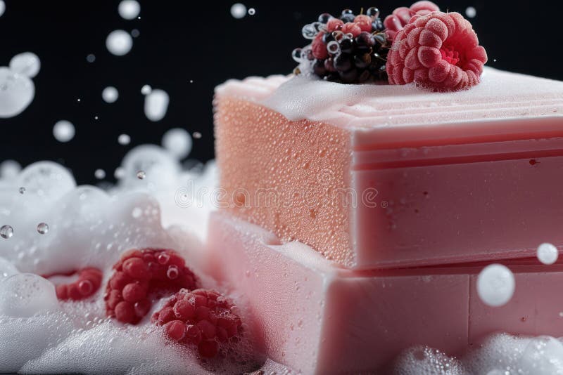 Red Sponge in Soap Foam with Bubbles on Black Background Stock ...