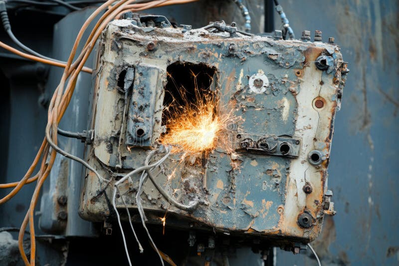 A Damaged Electrical Panel Sparks with Energy. Wires are Exposed and ...
