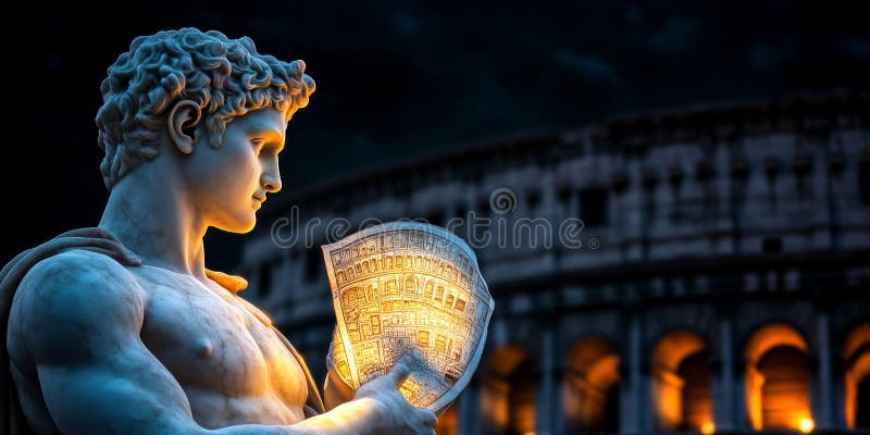 A Majestic Statue Holds a Glowing Scroll Against a Backdrop of Ancient ...