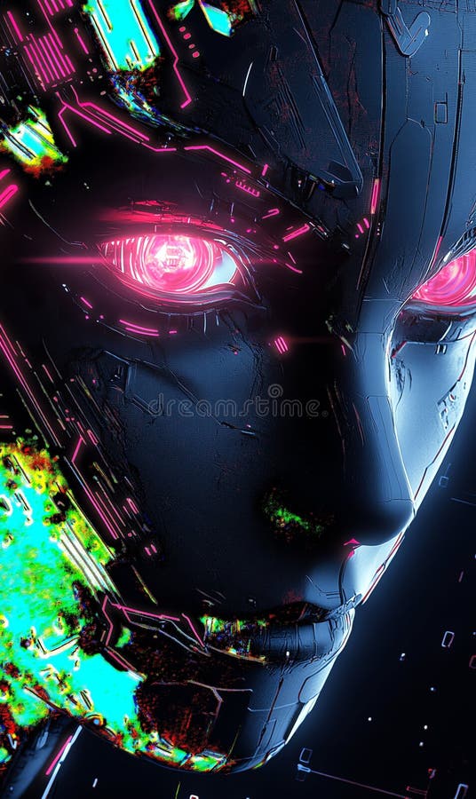 Cybernetic Face with Neon Glow and Abstract Digital Patterns Stock ...