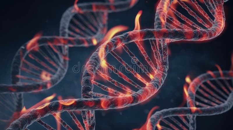 Vibrant, Fiery Representation of DNA Strands Symbolizing Life and ...