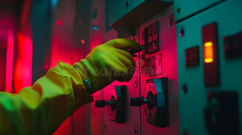 A Glowing Hand in a Protective Glove Adjusts Control Switches. the ...