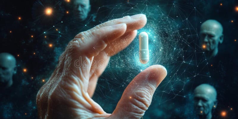 A Hand Holds a Glowing Capsule Surrounded by Mysterious Faces. this ...