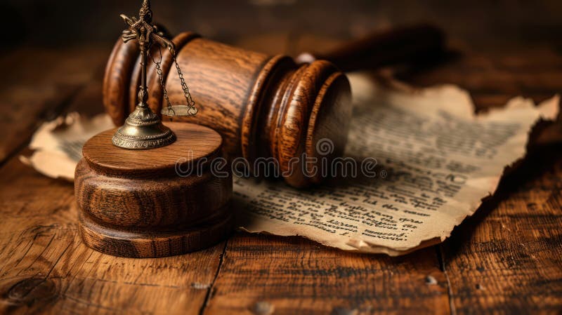 Legal Document with Gavel and Old Scroll in Dark Background Stock ...