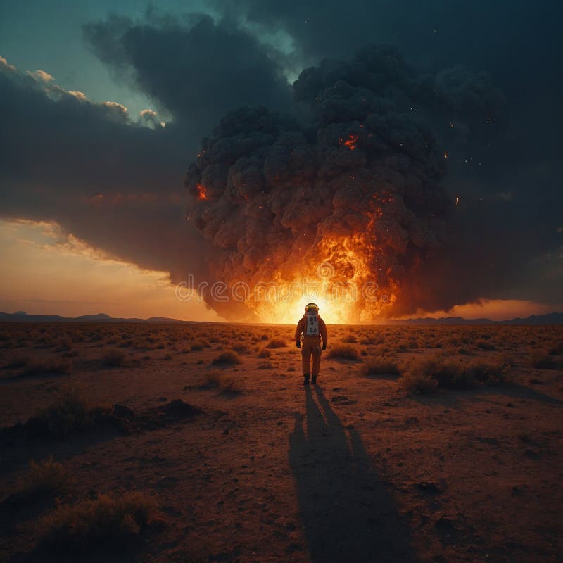 A Man Walking Determinedly Towards a Fiery Blaze in a Dramatic Scene ...