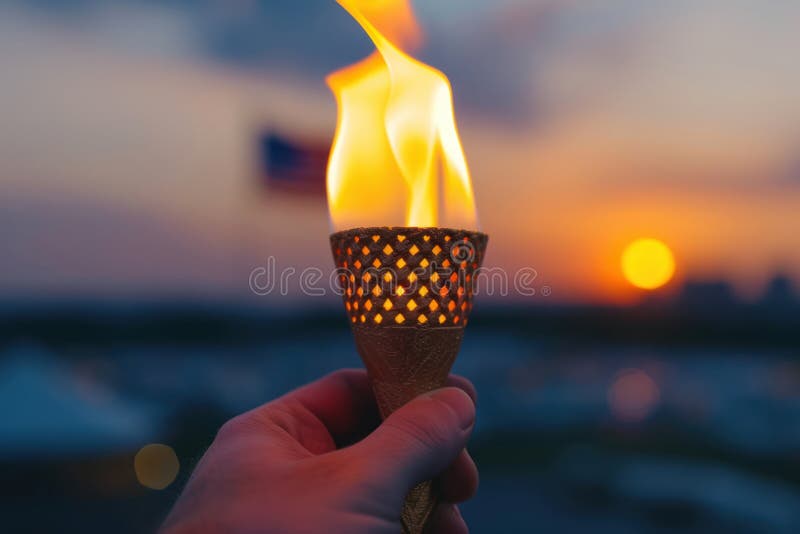 Hands Holding Olympic Flame Torch with US Flag Background - Patriotic ...