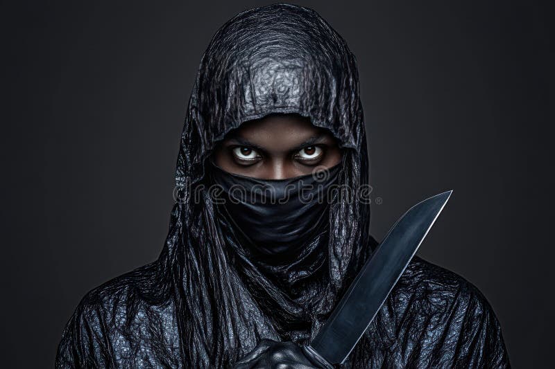 Pixelated Black Ninja with Knife Walking on Gray Background in Bright ...