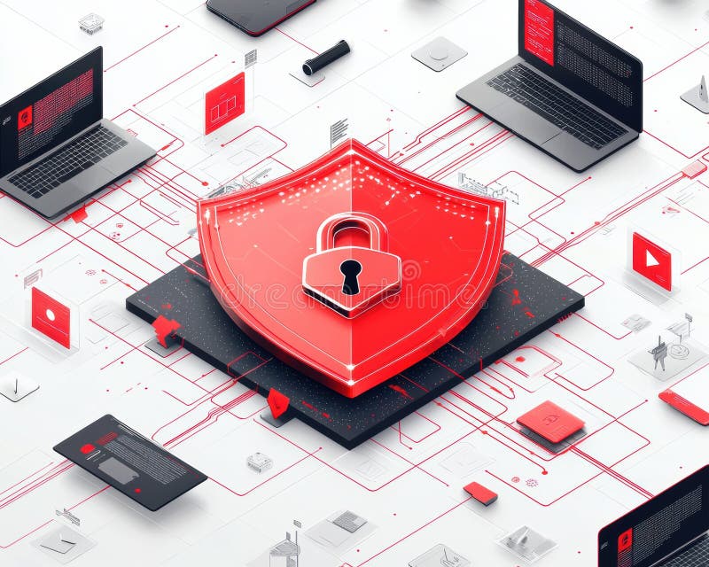 Exploring the Concept of Cybersecurity through a Red Shield Surrounded by Laptops and Devices in ...