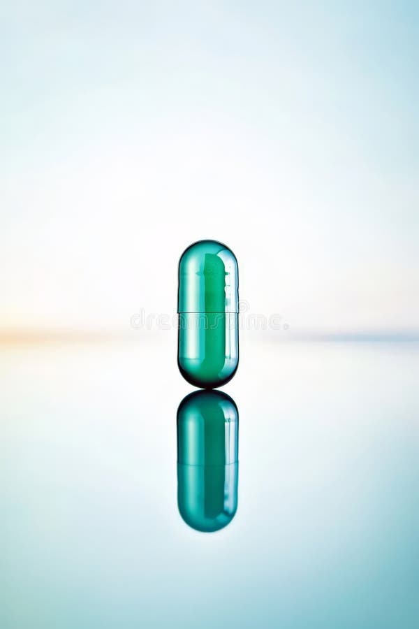 Close-up of a Single Green Capsule Pill on a Reflective Surface. Stock ...