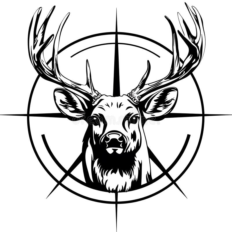 Stylized Black and White Illustration of a Deer Head within a Compass ...