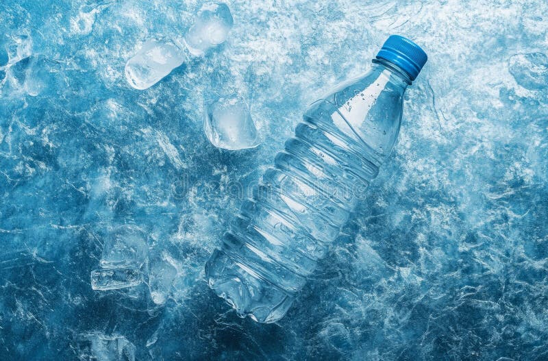 A Refreshing Blue Water Bottle Sits among Clear Ice Cubes. this Vibrant ...