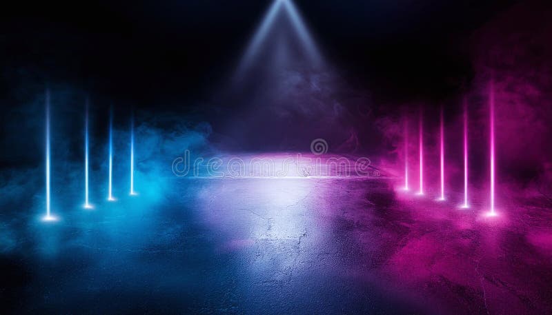 Concrete Scene with Reflective Floor Under Blue and Pink Lights Stock ...