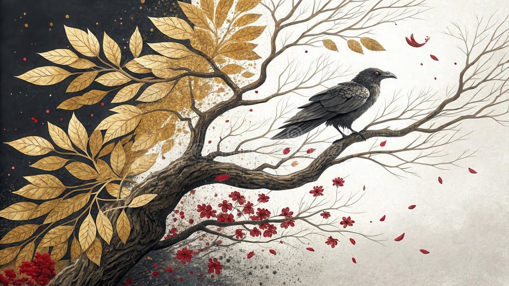 A Solitary Raven Perches on a Tree Branch Amidst Falling Red Petals and ...