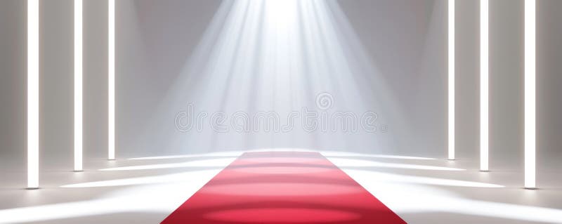 Red Carpet on Stage with Dramatic White Lights and Pillars Stock Image ...