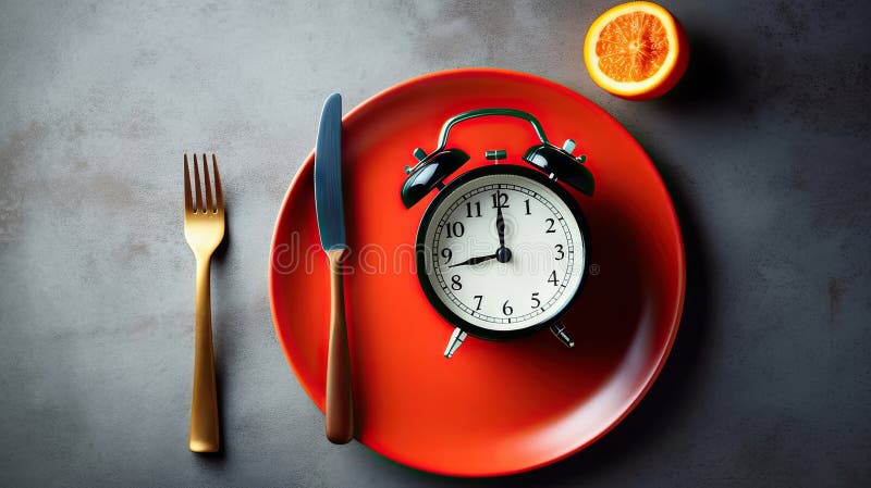 Time To Eat: Alarm Clock on Vibrant Red Plate with Cutlery and Orange ...