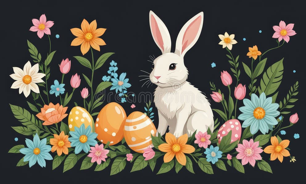 Easter Bunny with Flowers and Eggs Stock Illustration - Illustration of ...