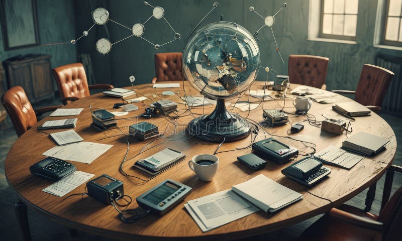 Round Table with Clock and Many Electronic Devices Stock Illustration ...