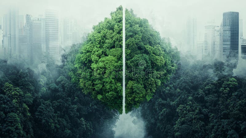 A Striking Image of a Green Tree Split between an Urban Scene ...