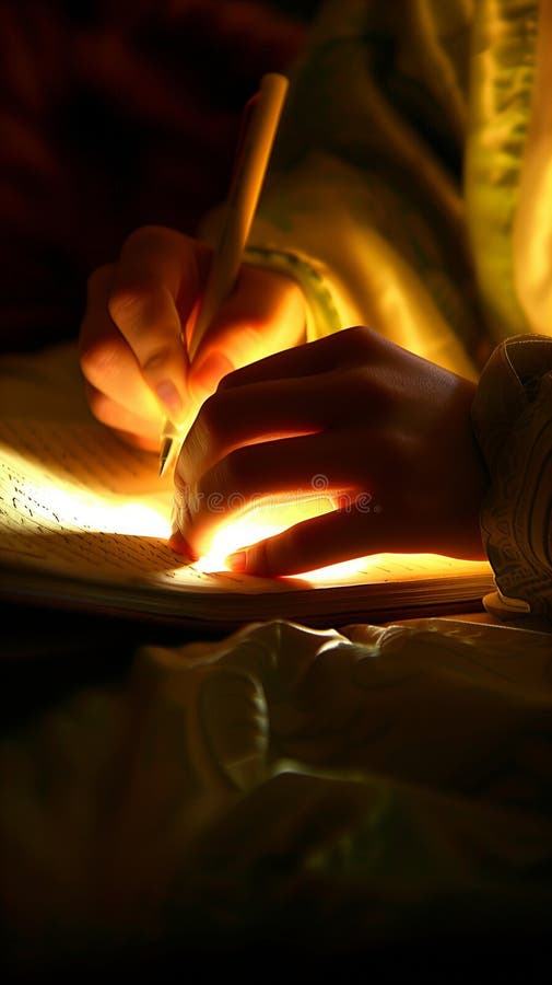 Hands Writing in Notebook Golden Glow from Pages Dark Close-up ...