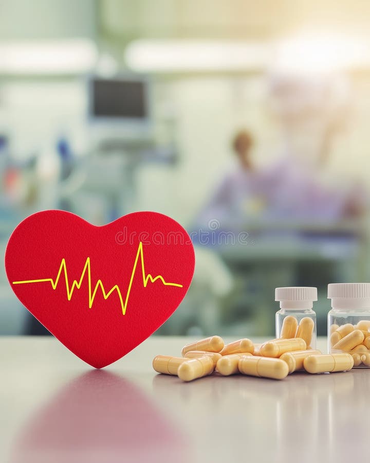 Heart with Heartbeat Line on Medicine Table in Hospital Setting Stock ...