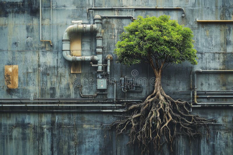 Urban Tree Growth Surrounded by Industrial Pipes and Machinery Stock ...