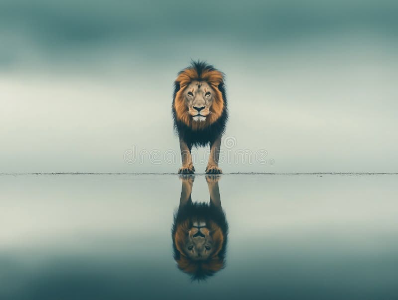Majestic Lion Standing with Perfect Reflection on Water Stock ...