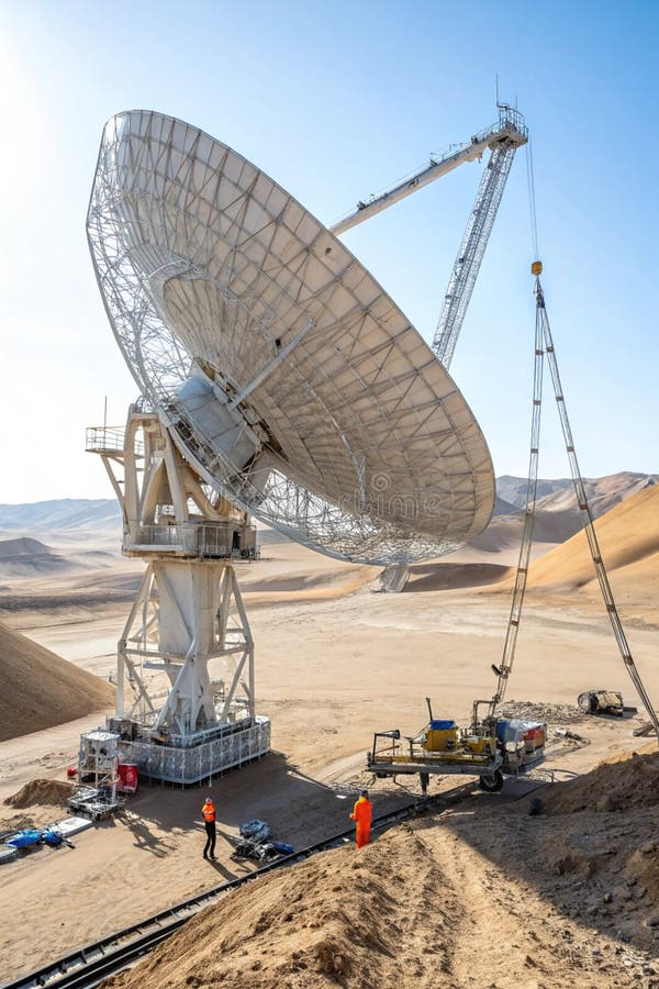 Installation of Huge Satellite Dish in a Desert Stock Illustration ...