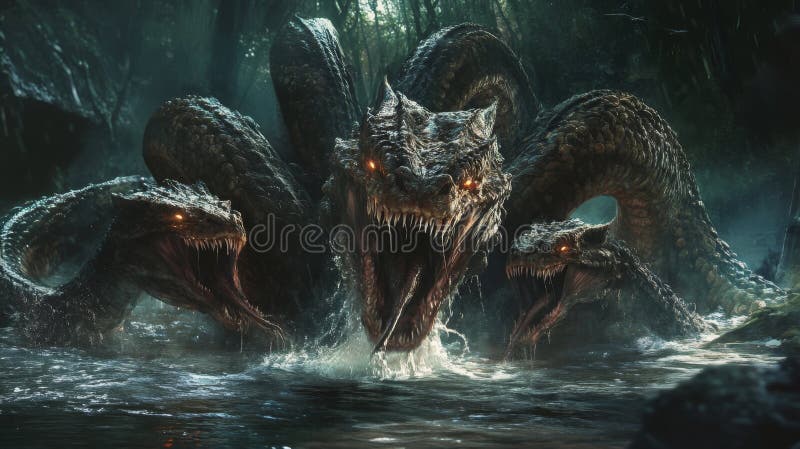 Menacing Hydra Surrounded by Dark Forest Stock Illustration ...